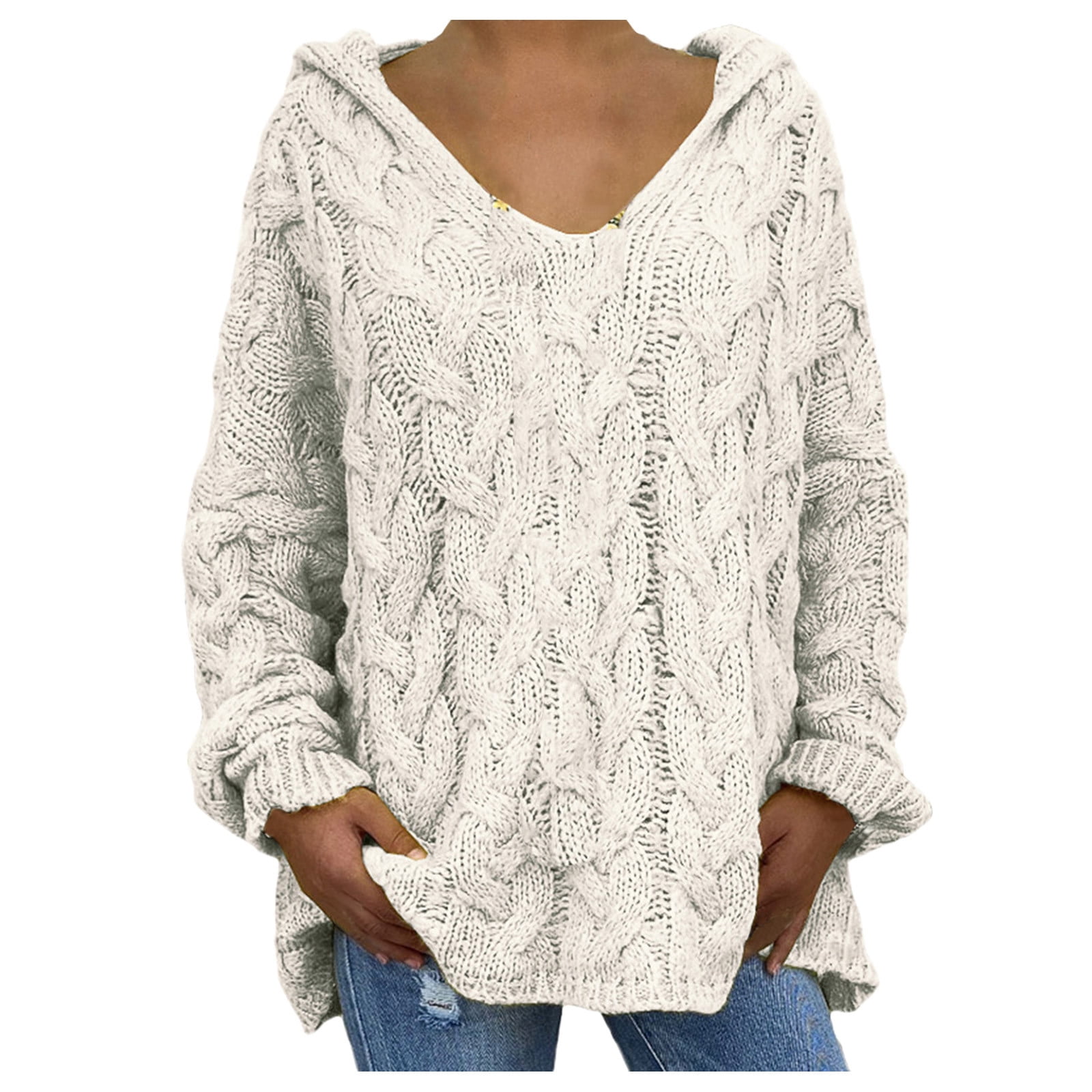 Arlun Cable Knit Sweaters for Women Deep V-Neck Long Sleeve Loose ...