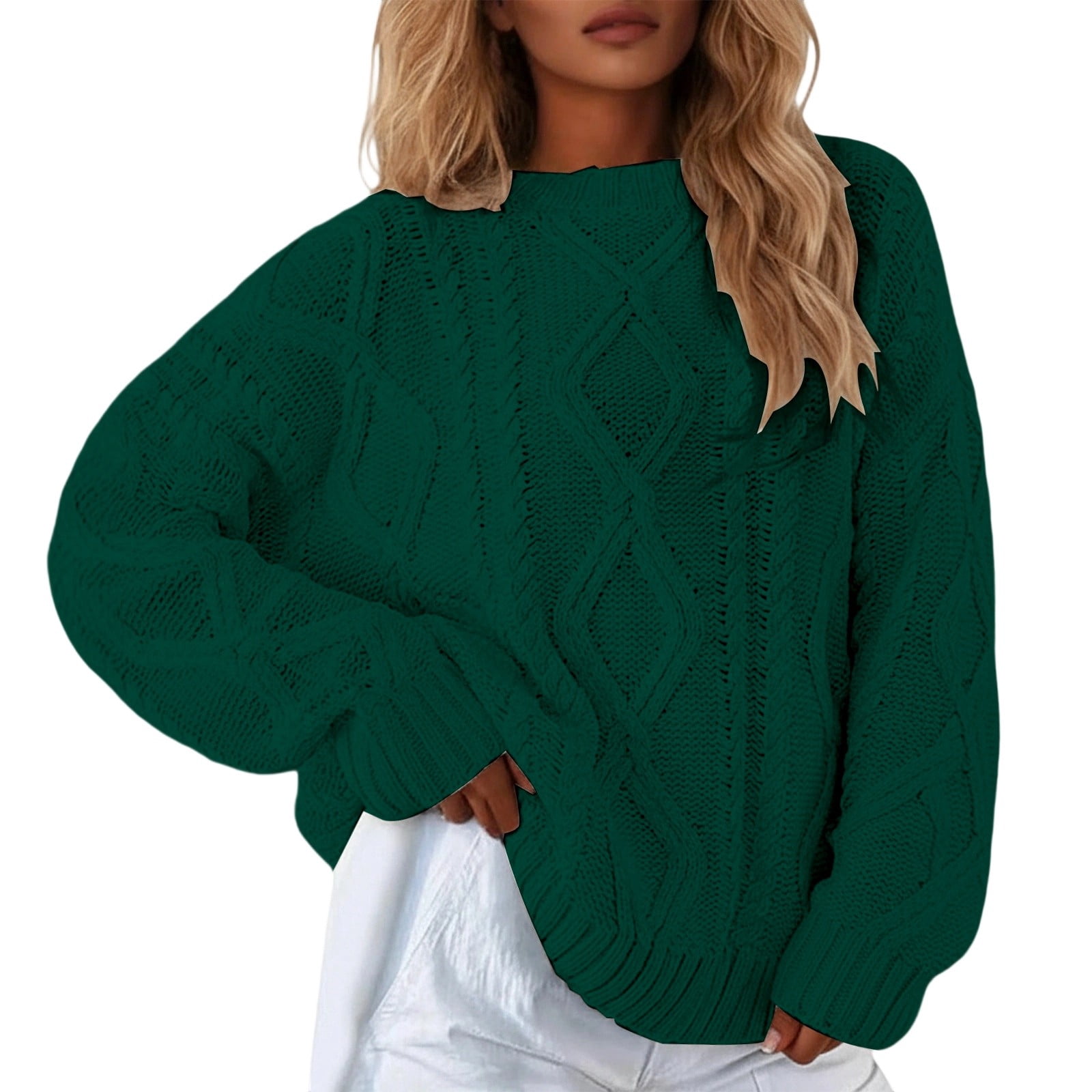 Arlun Cable Knit Sweaters for Women Trendy Crewneck Loose Long Sleeve ...