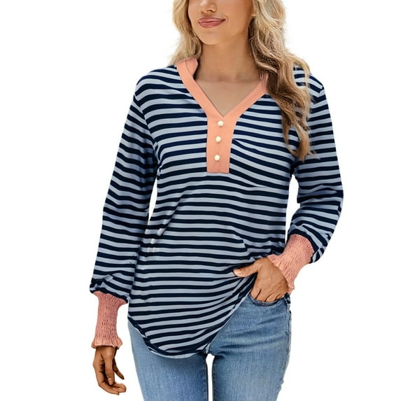 Arlun Casual Striped Print Tops for Women Trendy V-Neck Long Sleeve ...