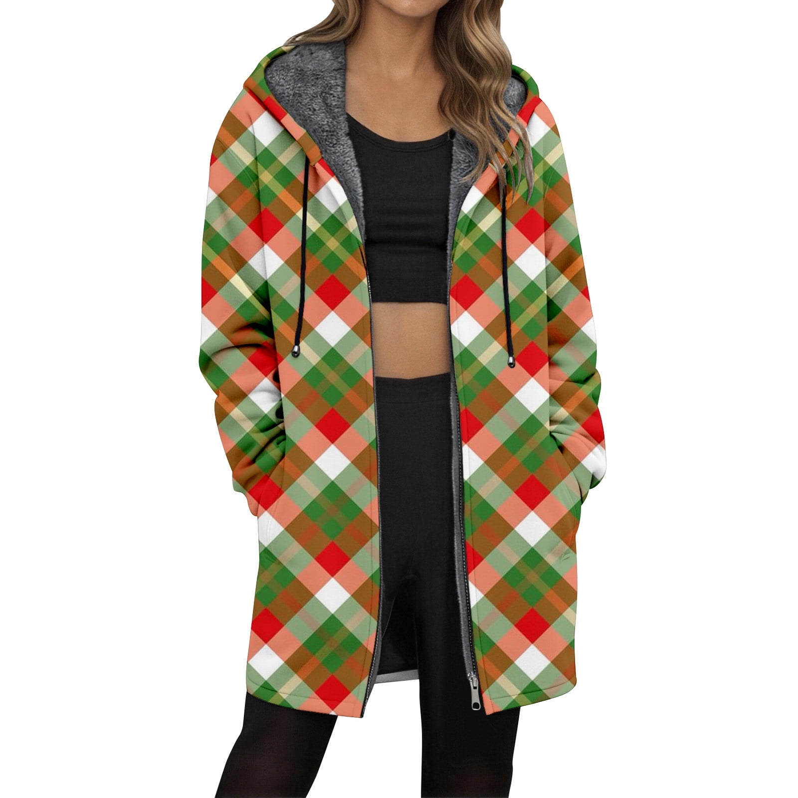 Arlun Christmas Sherpa Coats for Women Funny Xmas Holiday Plaid Printed ...