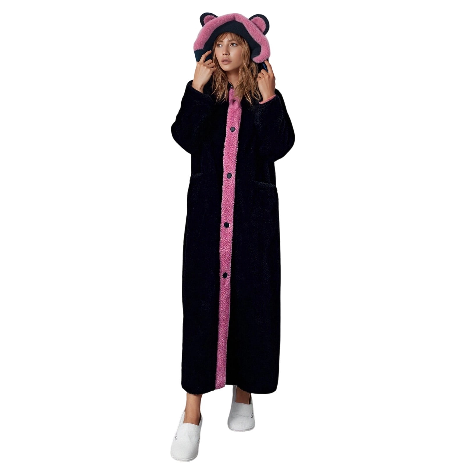 Arlun Fluffy Sleepwear Robes for Women Cute Bear Ear Hooded Robe Long ...