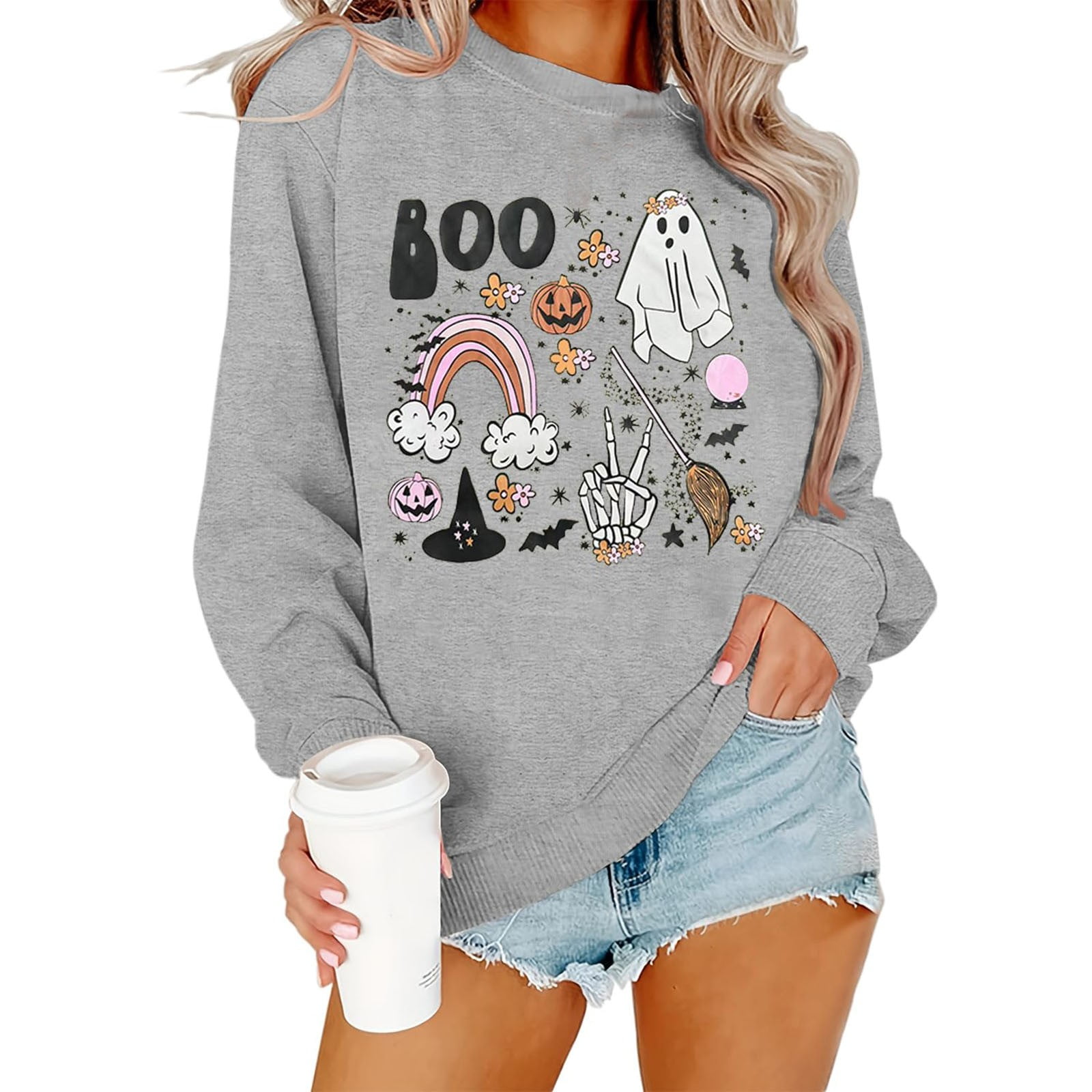 Arlun Funny Printed Halloween Sweatshirts for Women Cute Pumpkin Ghost ...
