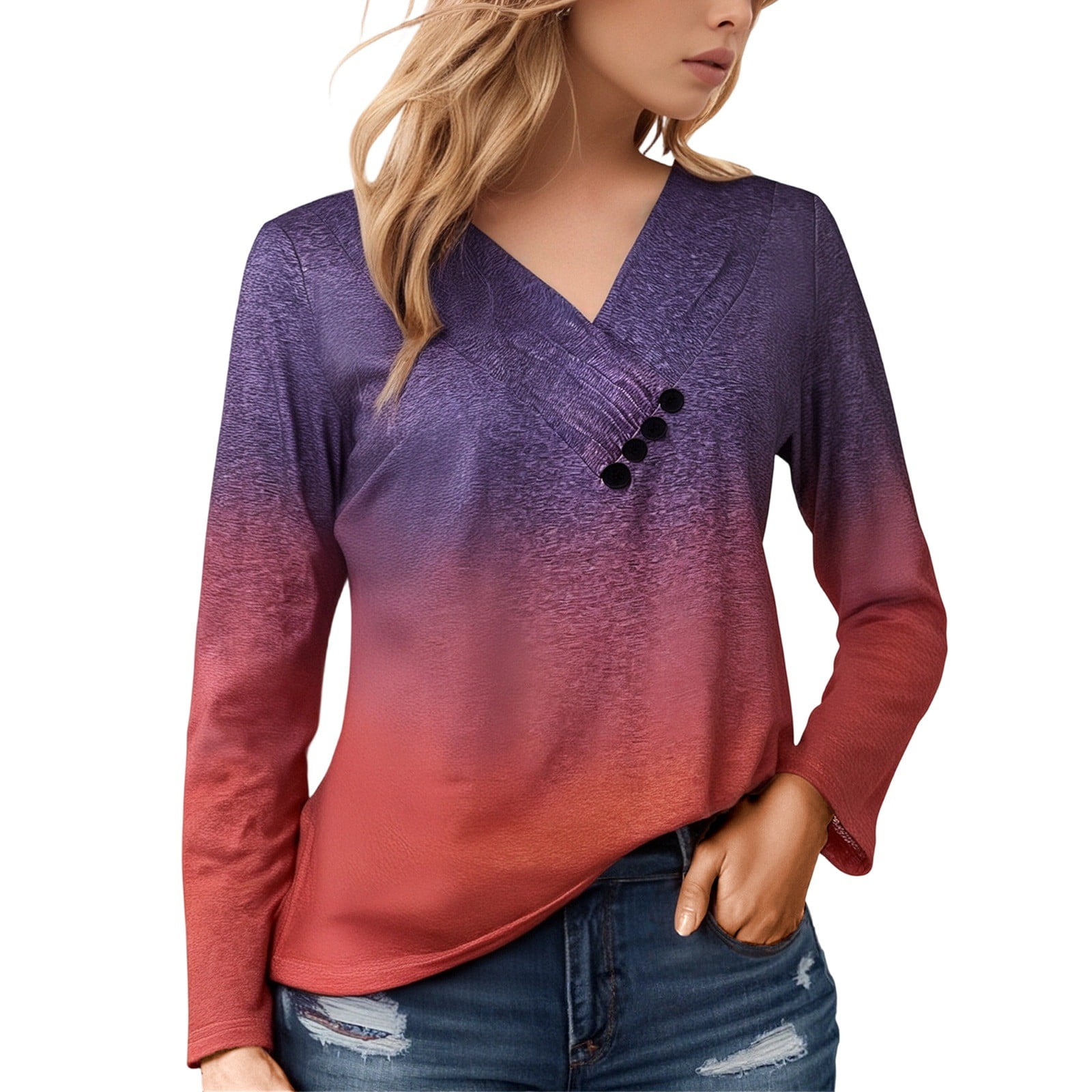 Arlun,Gradient Printed T Shirts for Women 2025 Trendy Casual Long Sleeve Asymmetric V Neck ...
