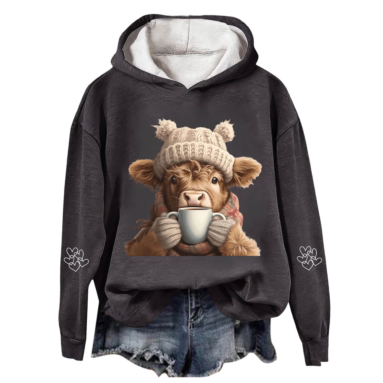 Arlun Highland Cow Drinking Coffee Hoodies for Women Long Sleeve Winter ...