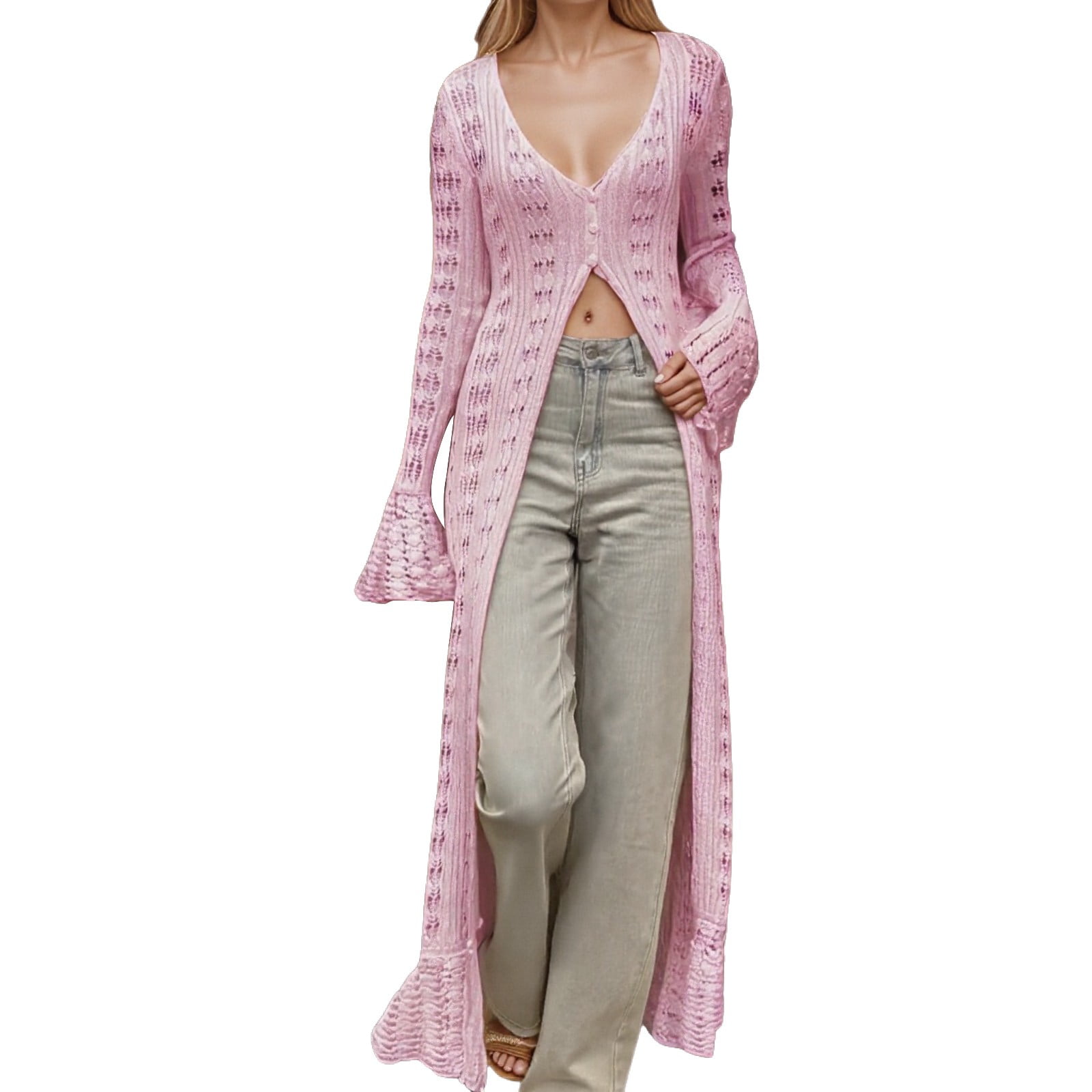 Arlun Long Crochet Cardigans Button up Knit Hollow out Elegant Duster ...