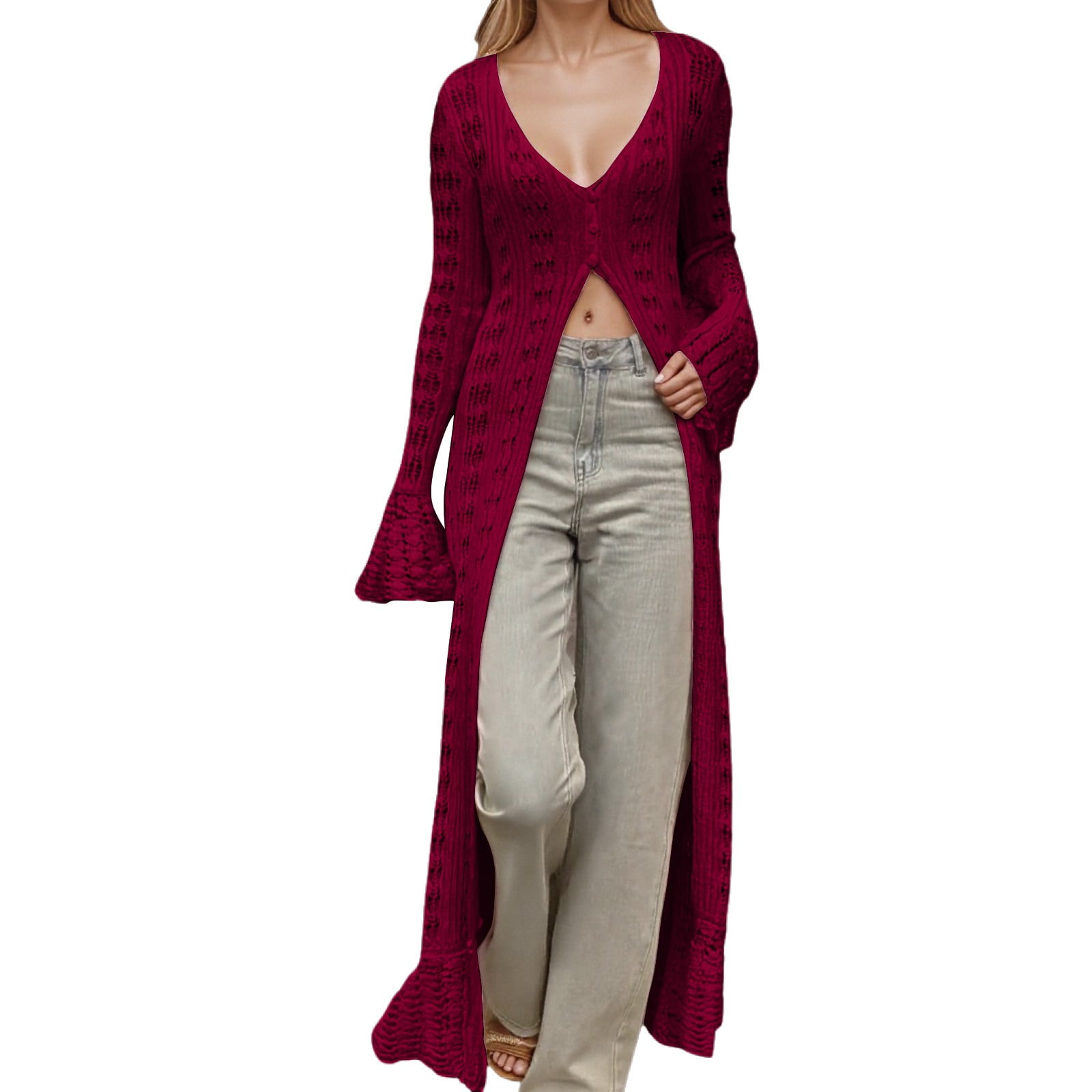 Arlun Long Crochet Cardigans Button up Knit Hollow out Elegant Duster ...