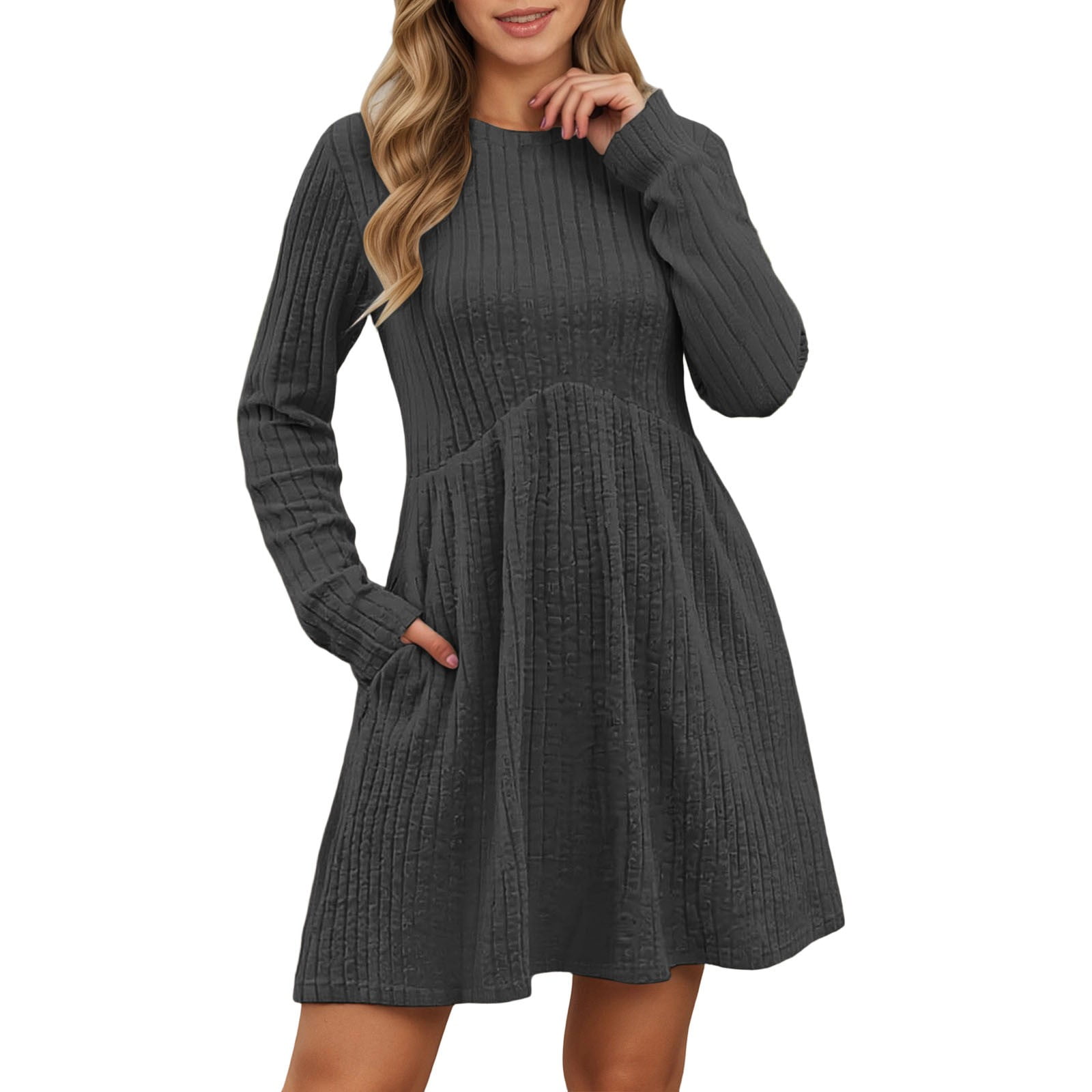 Arlun Long Sleeve Ribbing Knit Dress with Pocket Fall Dresses for Women ...