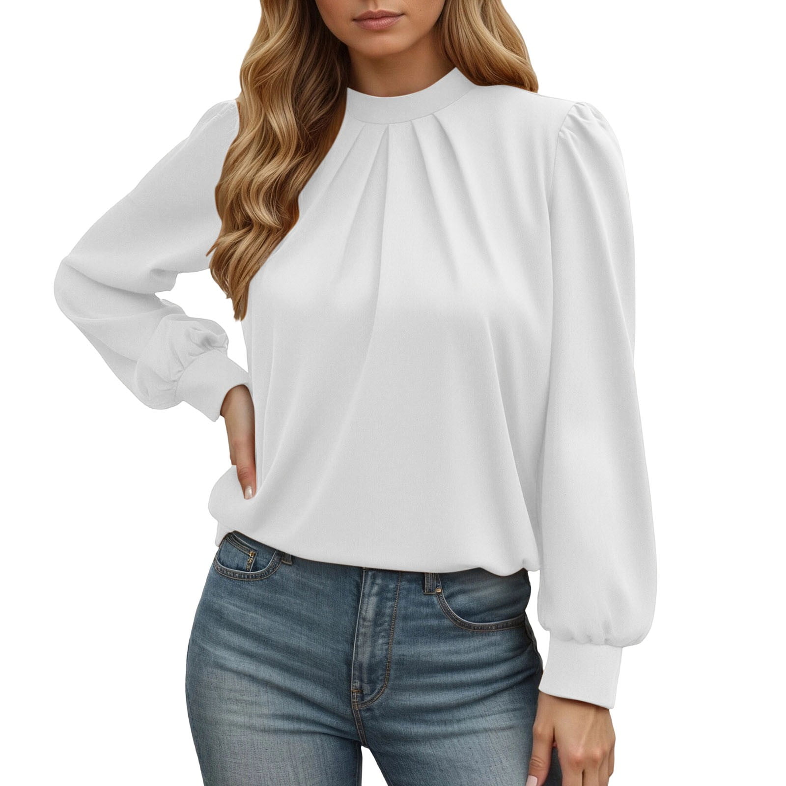 Arlun Long Sleeve Shirts for Women Neck Pleated Front Blouses Trendy ...