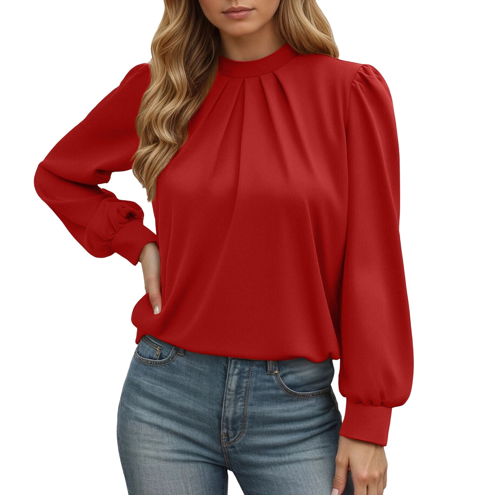 Arlun Long Sleeve Shirts for Women Mock Neck Pleated Front Blouses Trendy Solid Color Dressy ...