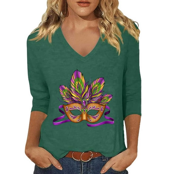 Arlun Mardi Gras V-Neck 3/4 Sleeve T-Shirts for Women Fashion Ball Mask ...