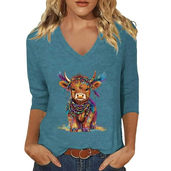 Arlun Mardi Gras V-Neck 3/4 Sleeve Tshirts for Women Highland Cow Mask ...