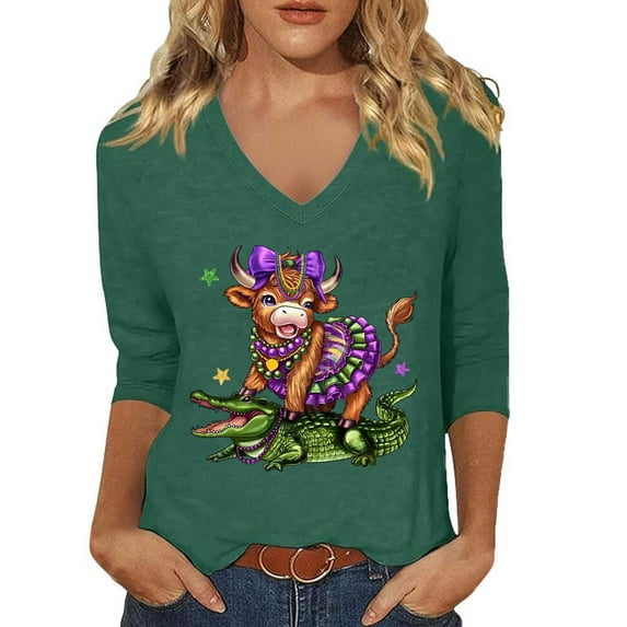 Arlun Mardi Gras V-Neck 3/4 Sleeve Tshirts for Women Highland Cow Mask ...