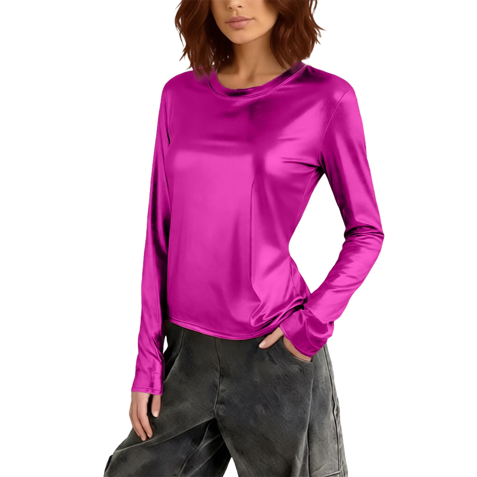 Arlun Metallic T-Shirts for Women Long Sleeve Shimmer Disco Party Tops ...