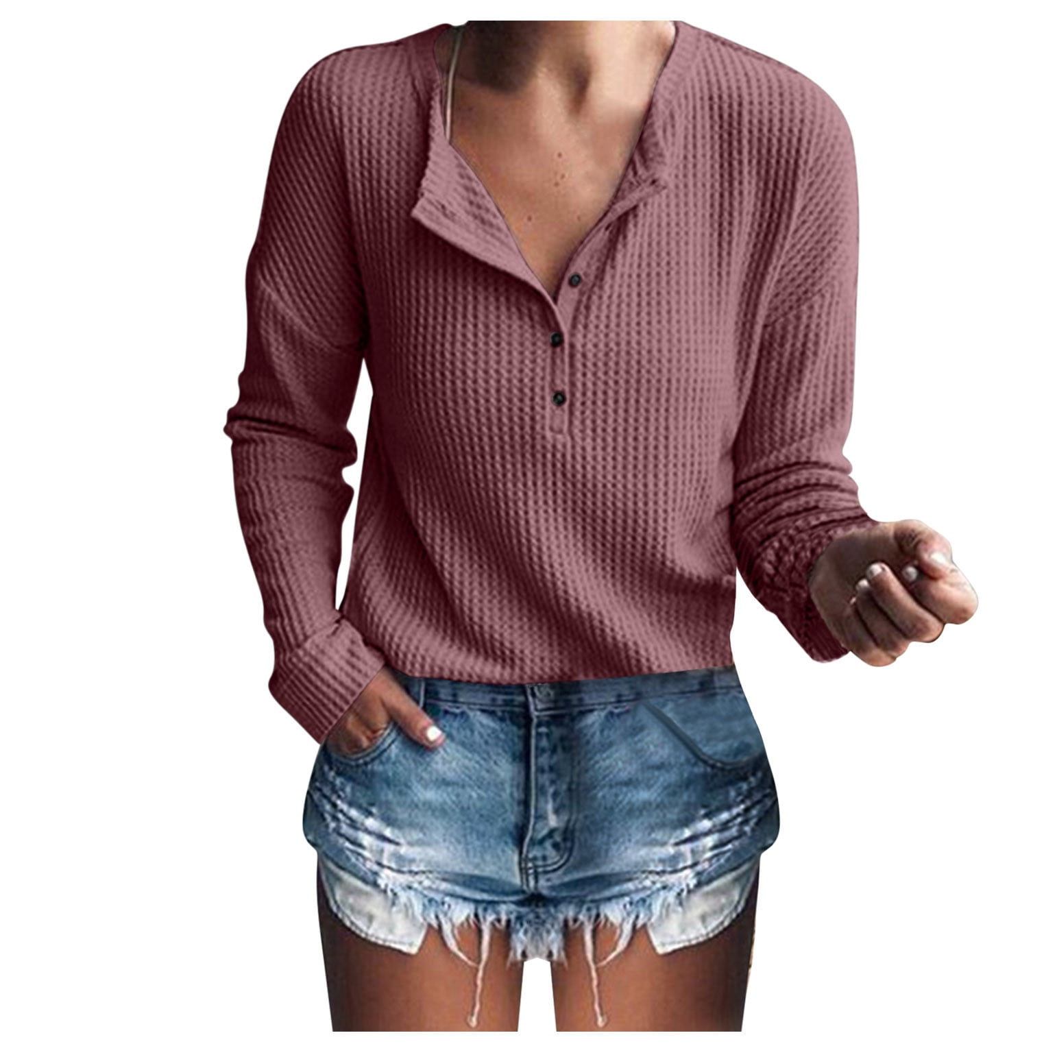 Arlun,Plus Size Button up Waffle T Shirts for Women Plain V-Neck Loose ...