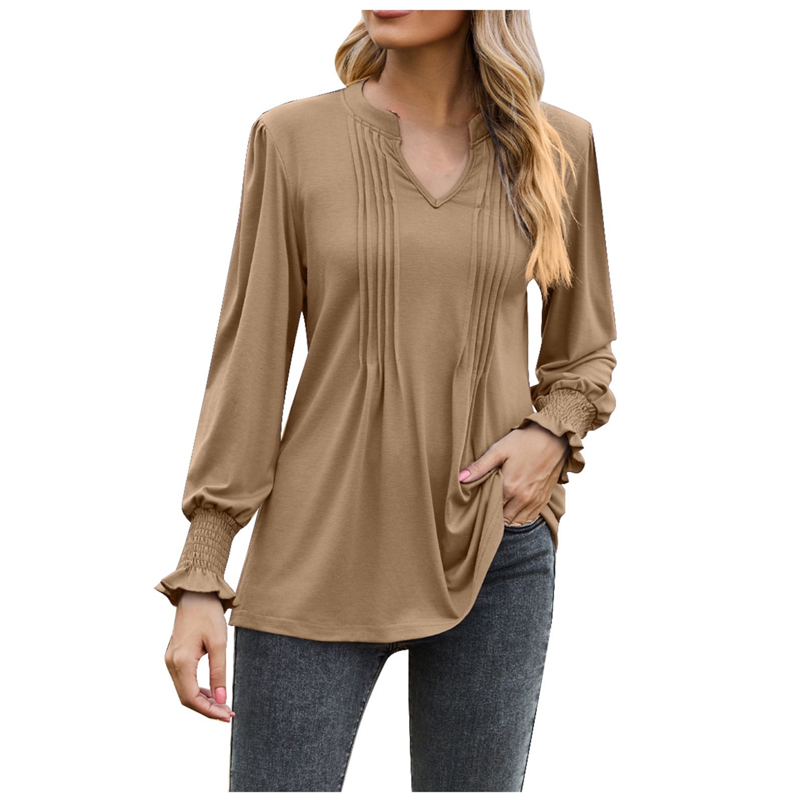 Arlun,Plus Size T Shirts for Women Trendy Plain V Neck Long Sleeve Comfy Lightweight Ruched Tops ...