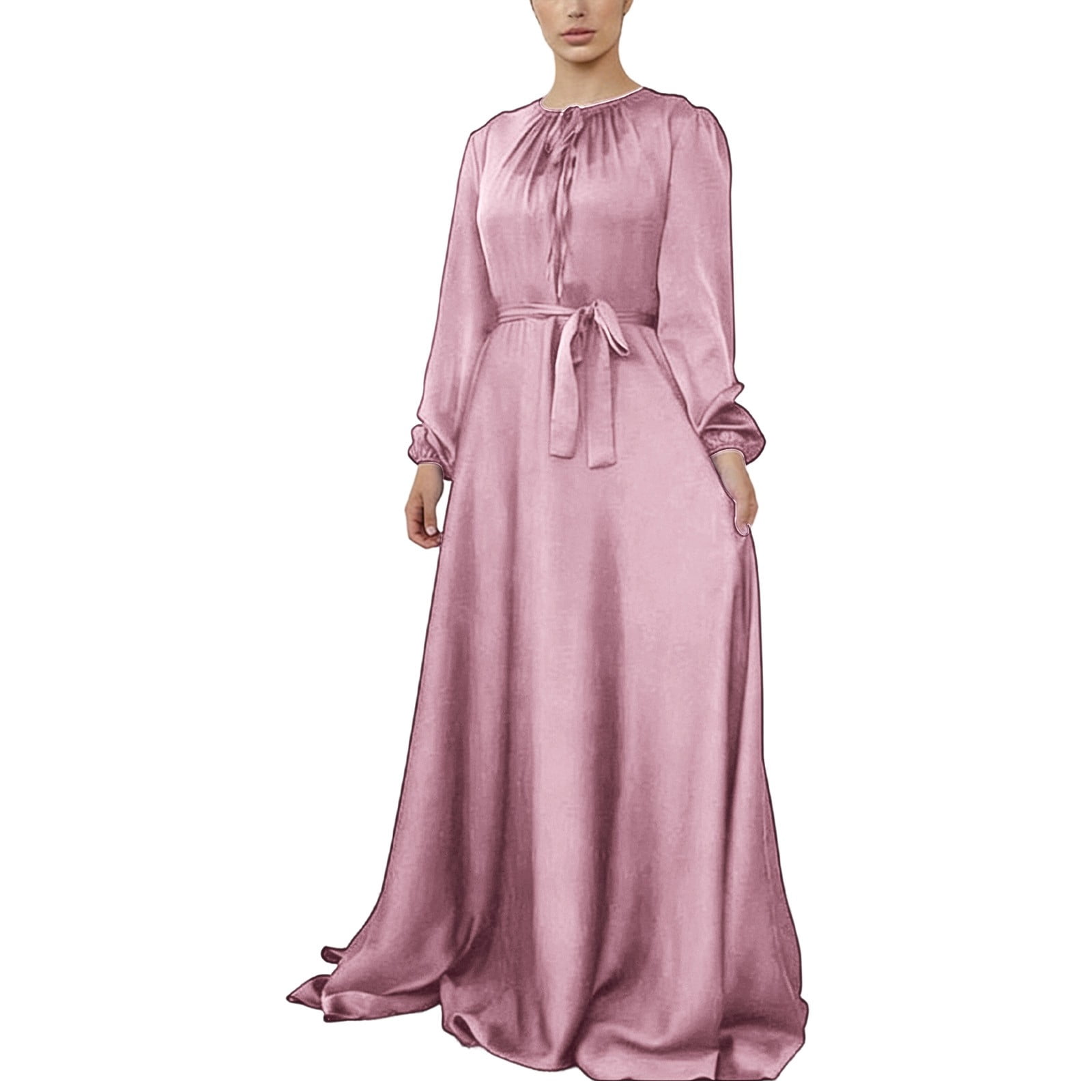 Arlun Retro Elegant Maxi Dresses for Womens Crewneck Long Sleeve Tie ...