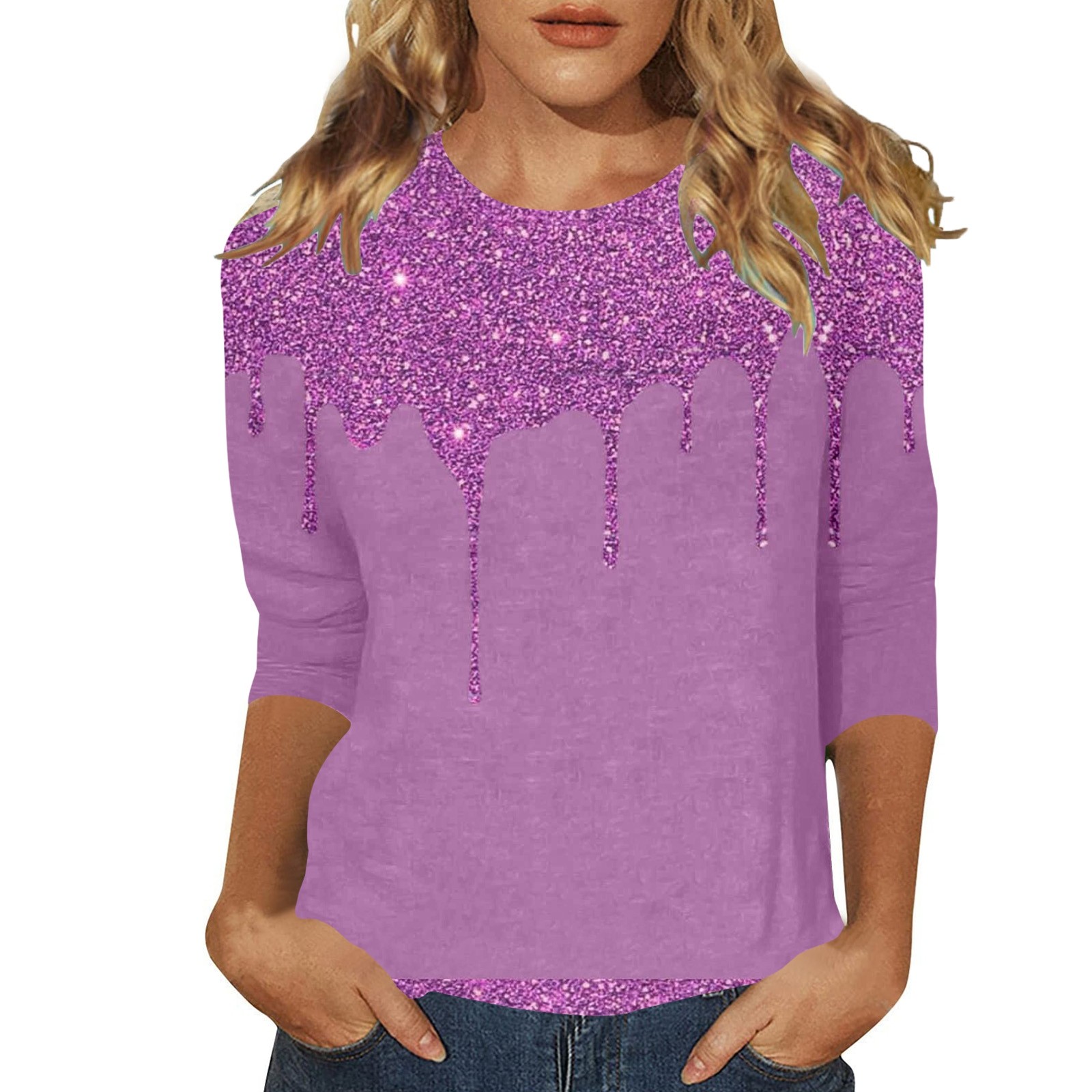 Arlun Sequin 3/4 Sleeve Tops for Women Sparkly Print Loose Fit Glitter ...
