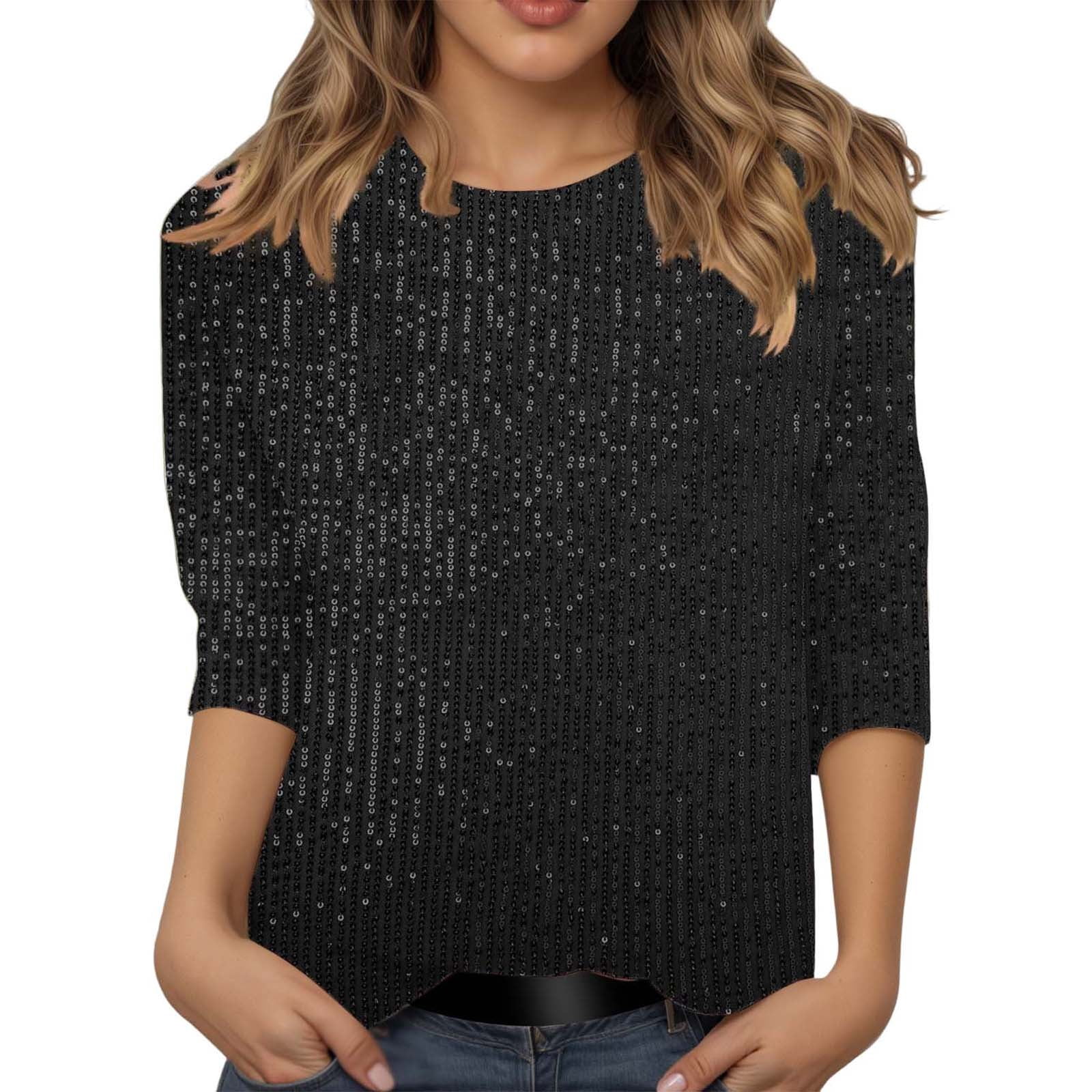 Arlun Sequin Mesh Tops for Women Sparkly 3/4 Sleeve Crewneck Loose Soft ...