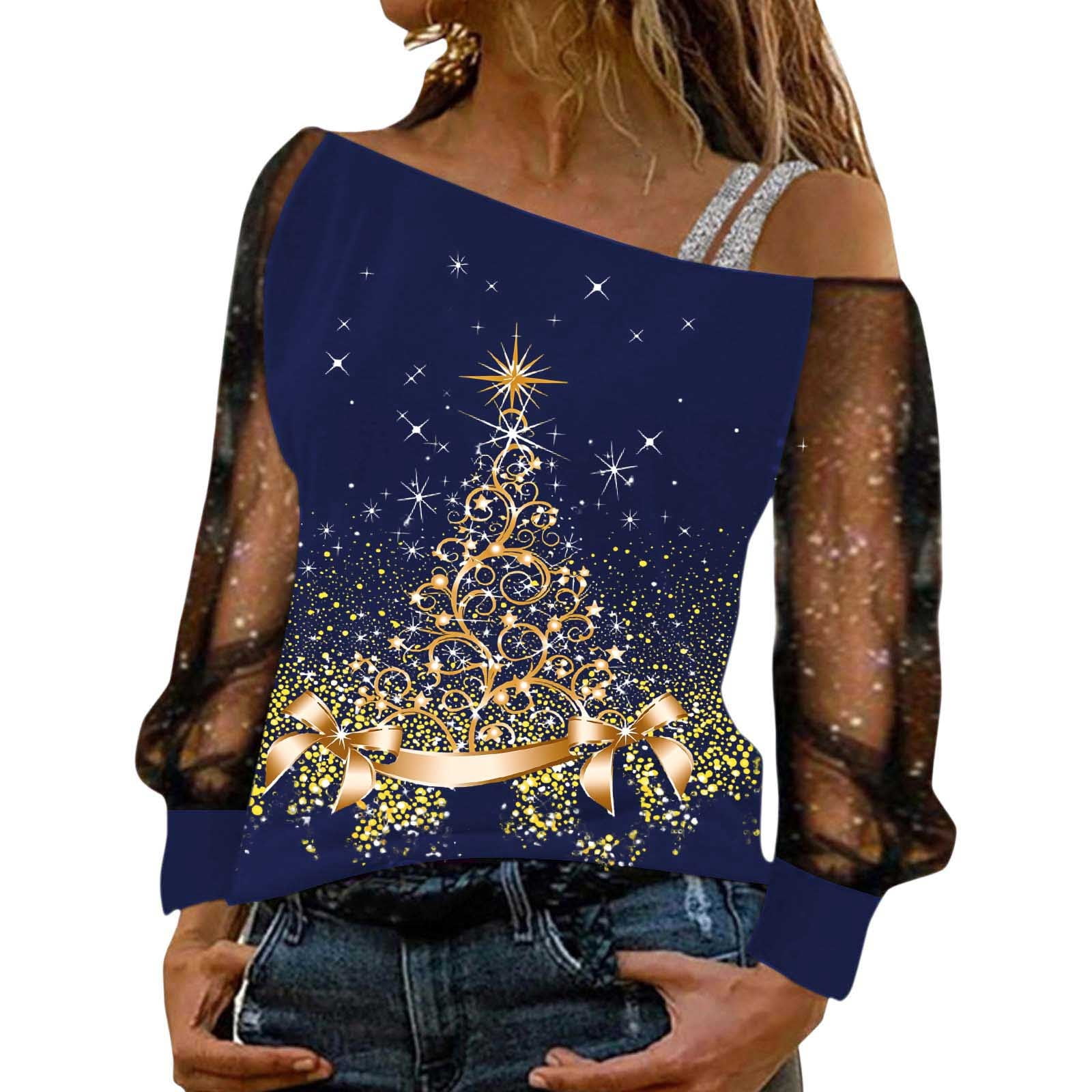 Arlun Sequin off the Shoulder Tops for Women Christmas Tree Graphic Tee ...
