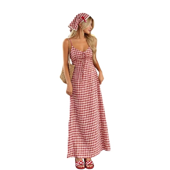 Arlun Summer Backless Maxi Dresses for Women Fashion Red Plaid Print ...