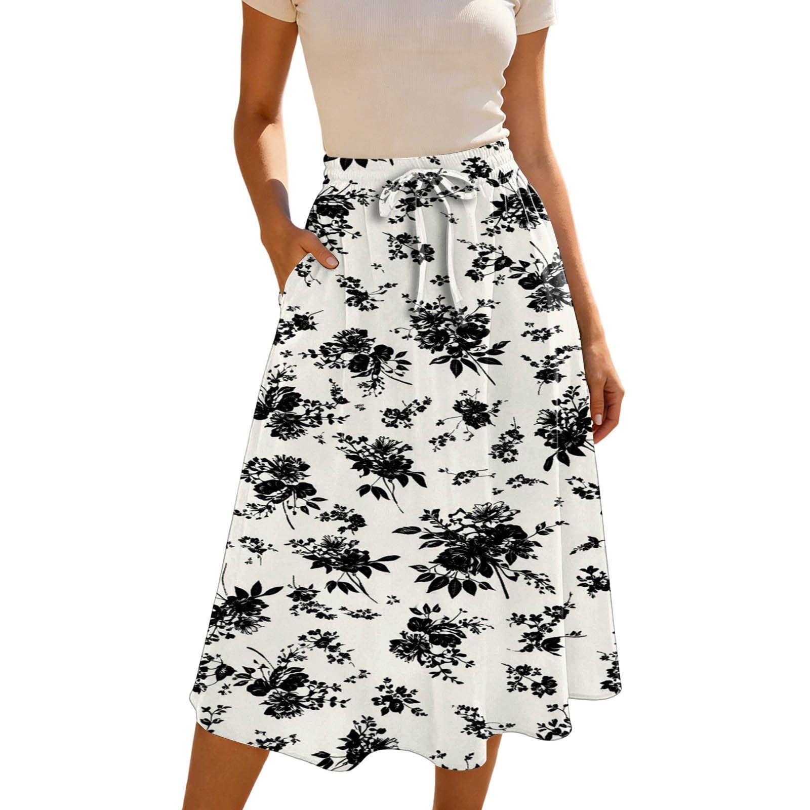 Arlun Summer Flowers Print Midi Skirts for Women Stretchy High Waist ...