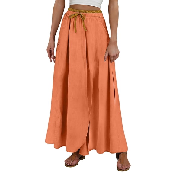 Arlun Summer Linen Long Skirts for Women Color-Block Drawstring High ...