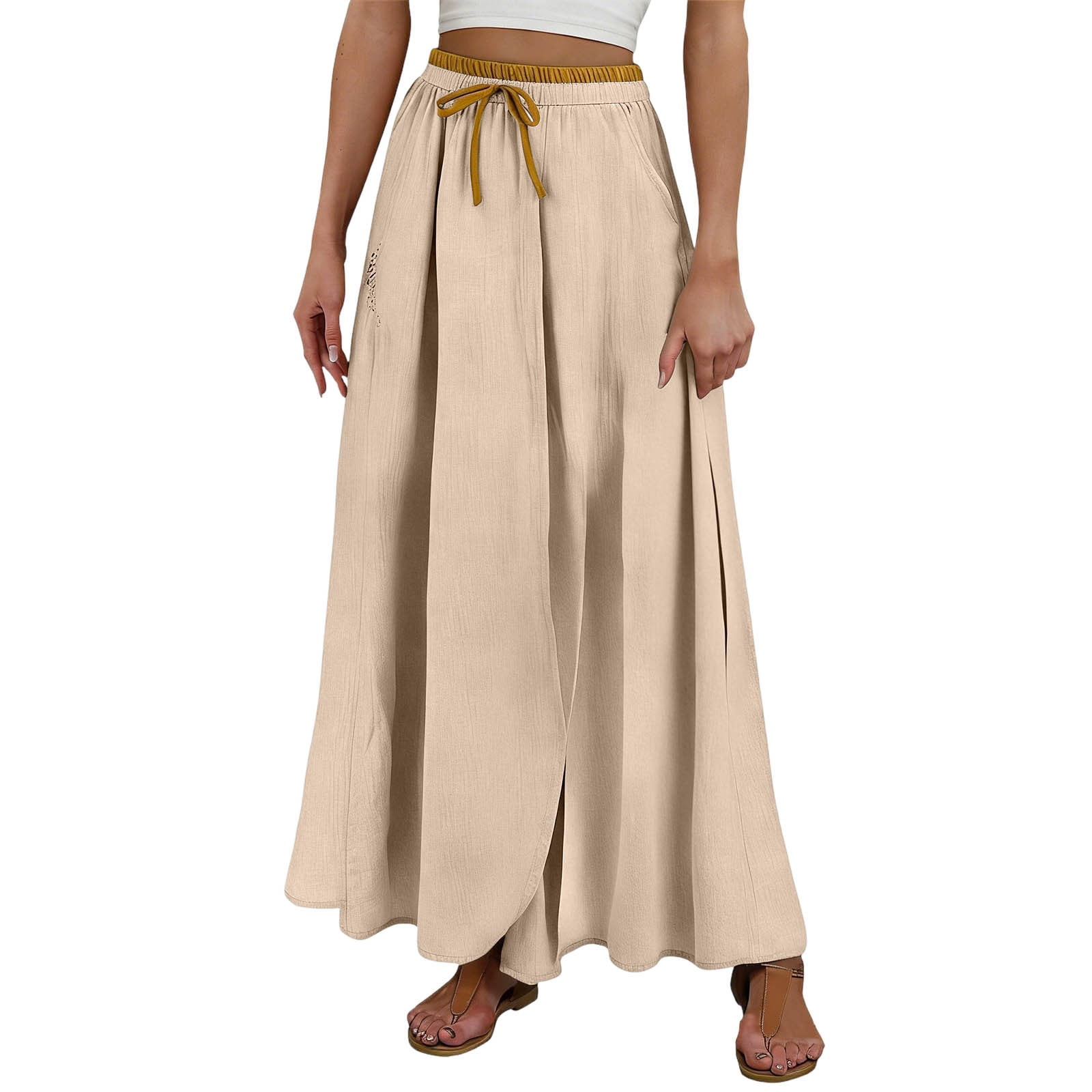 Arlun Summer Linen Long Skirts for Women Color-Block Drawstring High ...