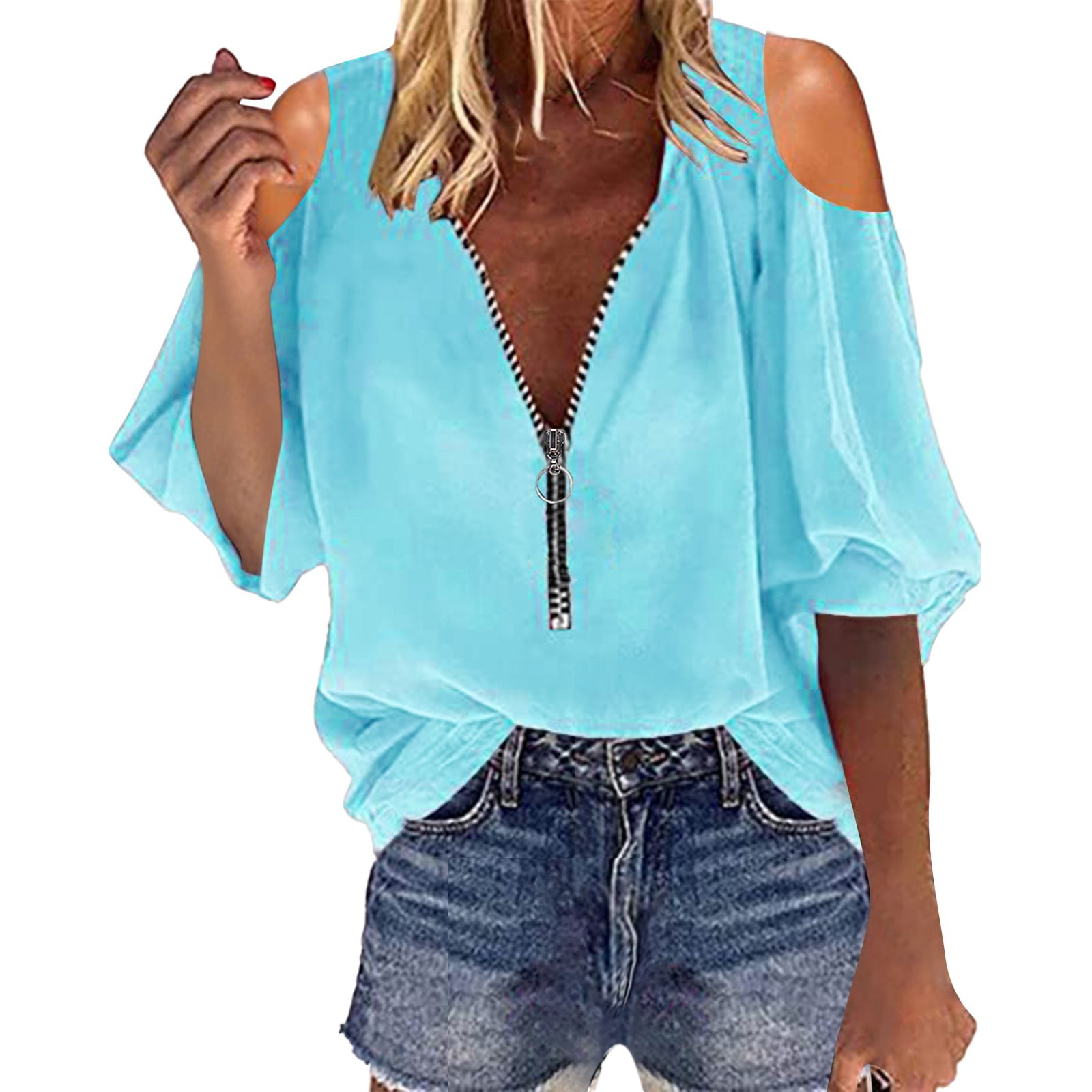 Arlun,Trendy Cold Shoulder T Shirts for Women Half Zipper V-Neck Loose ...