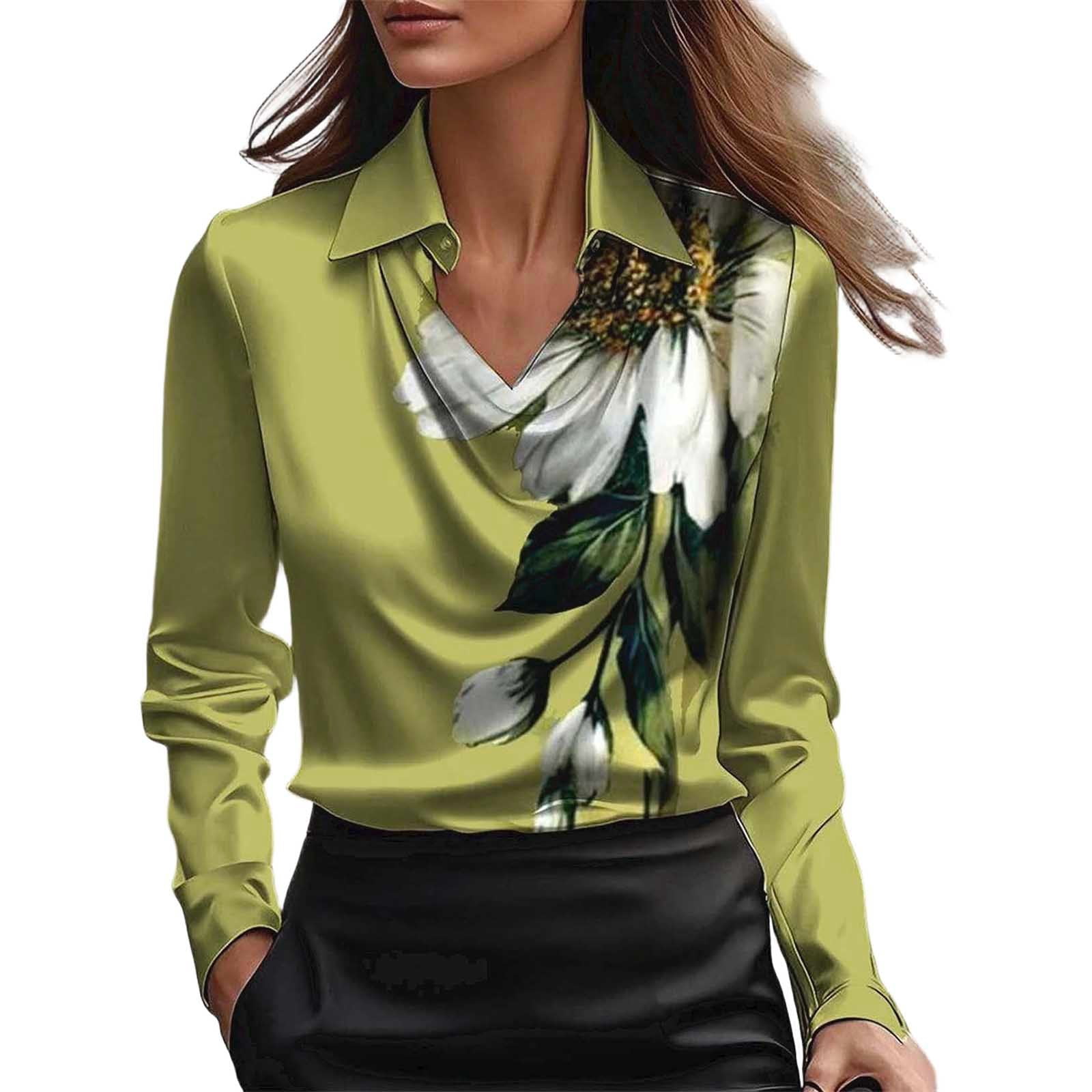 Arlun Trendy Floral Print Elegant Draped Neck Blouse Lightweight Lapel ...