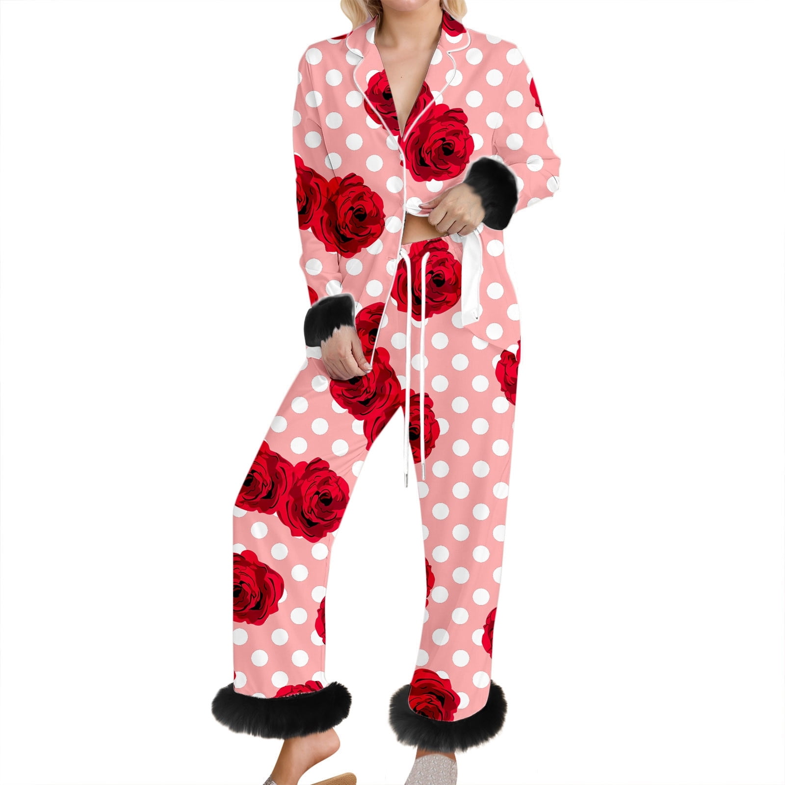 Arlun Valentines Womens Pajamas Set 2 Piece Fashion Rose Graphic Polka ...