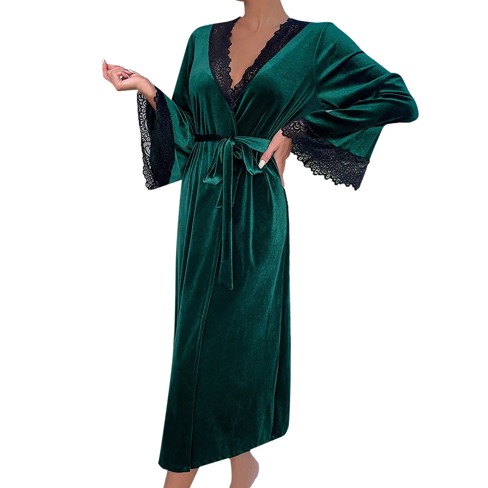 Arlun Velvet Lace Trim Sleepwear Robes for Women Deep V-Neck Long ...