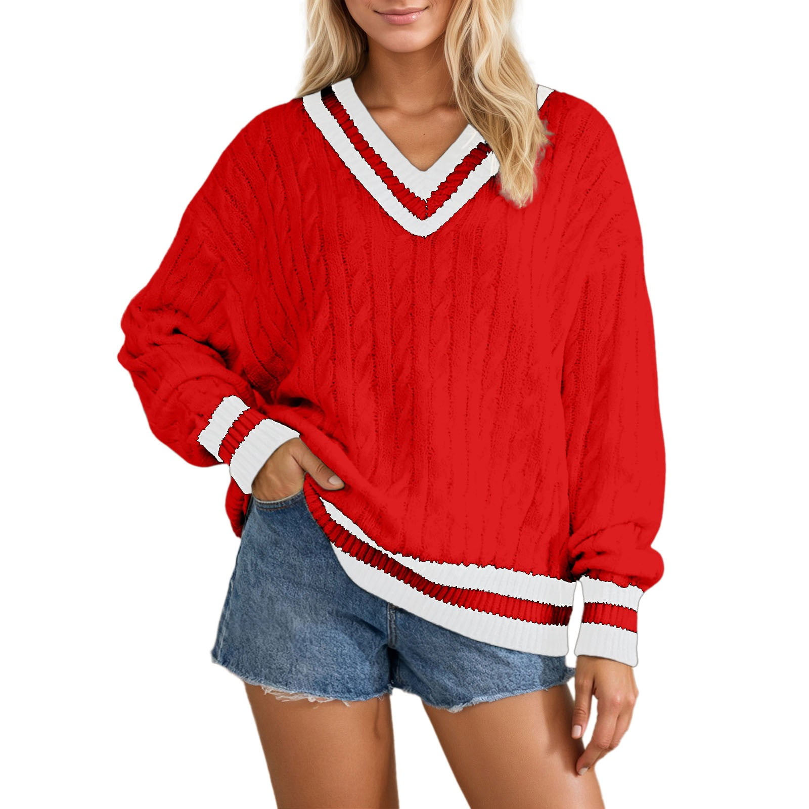 Arlun Women's Casual V-Neck Long Sleeve Sweaters Trendy Striped ...
