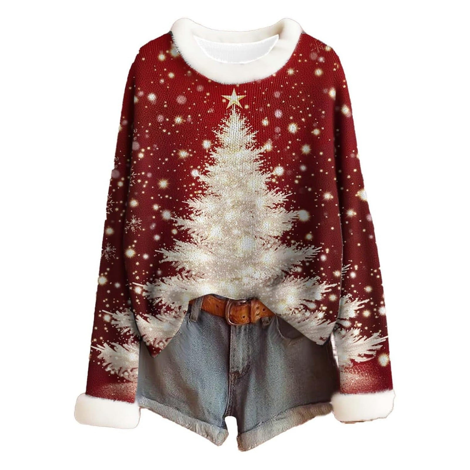 Arlun Women's Christmas Tshirts Faux Fuzzy Trim Crew Neck Long Sleeve Casual Festive Pullover ...