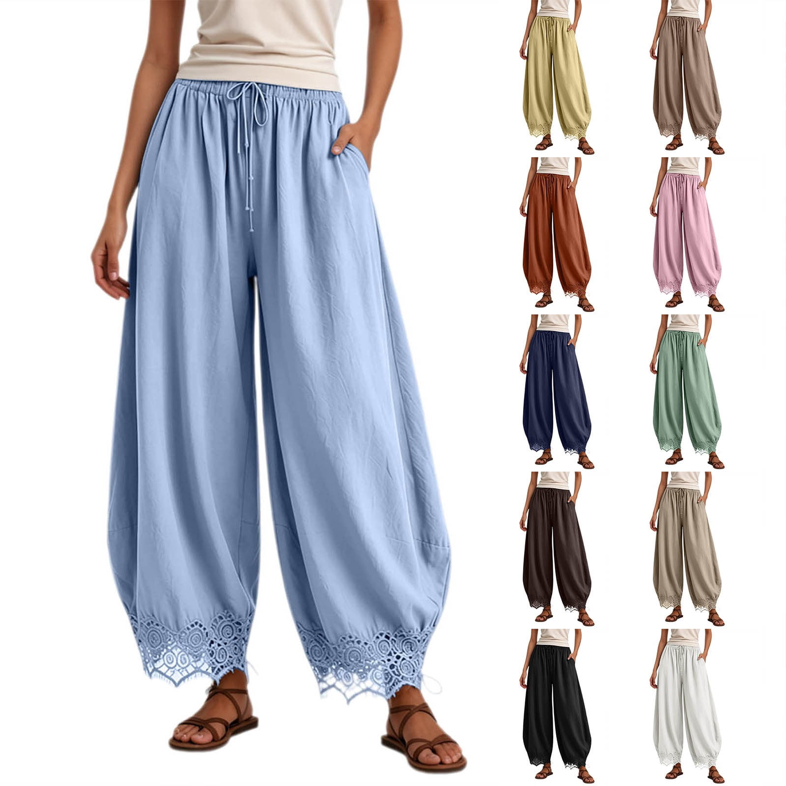 Arlun Women's Elegant Lace-Hem Pants Drawstring Elastic Waisted Wide ...