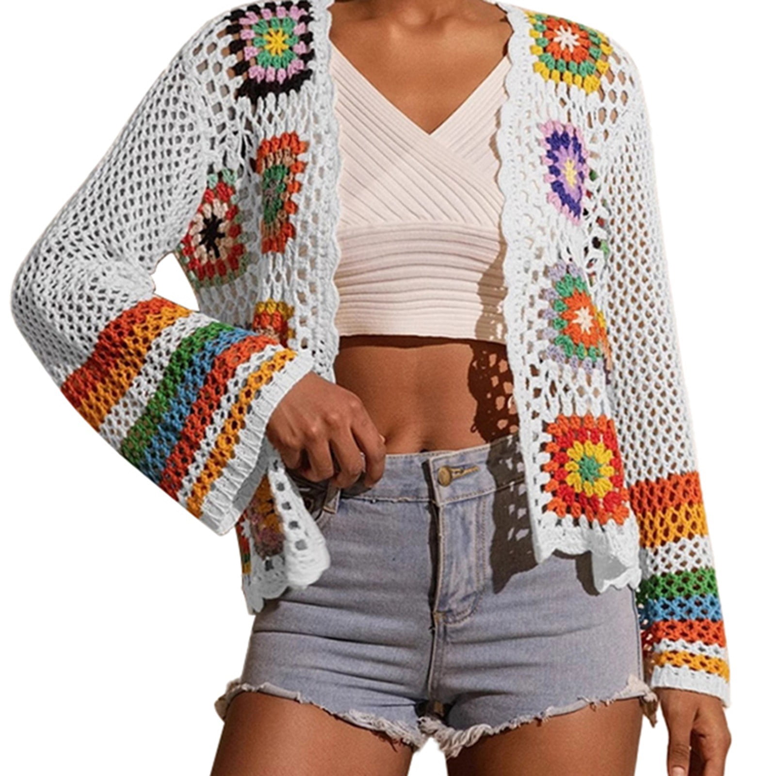 Arlun Women's Floral Crochet Cardigan Tops Hollow out Open Front Long ...