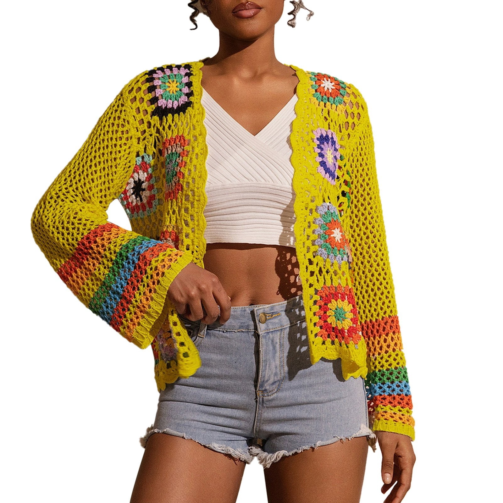 Arlun Women's Floral Crochet Cardigan Tops Hollow out Open Front Long ...
