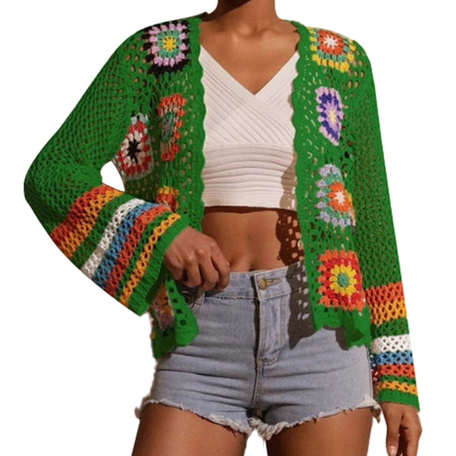 Arlun Women's Floral Crochet Cardigan Tops Hollow out Open Front Long ...