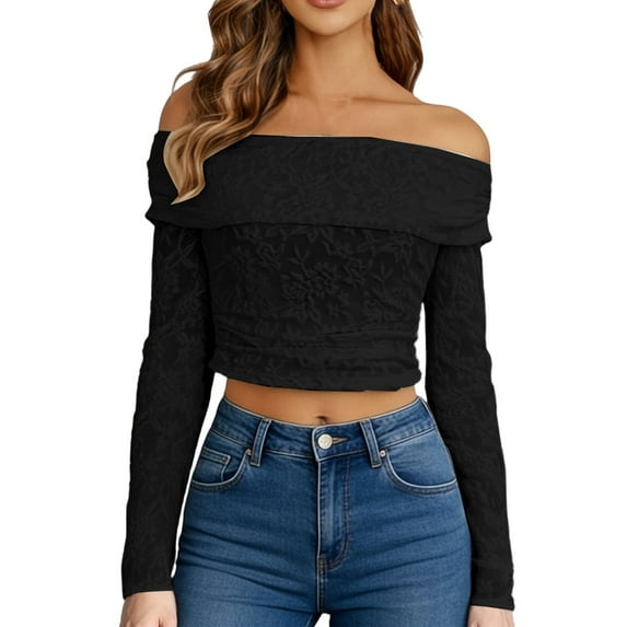 Arlun Women’s off the Shoulder Lace Ruched Tops Long Sleeve Slim Fit ...