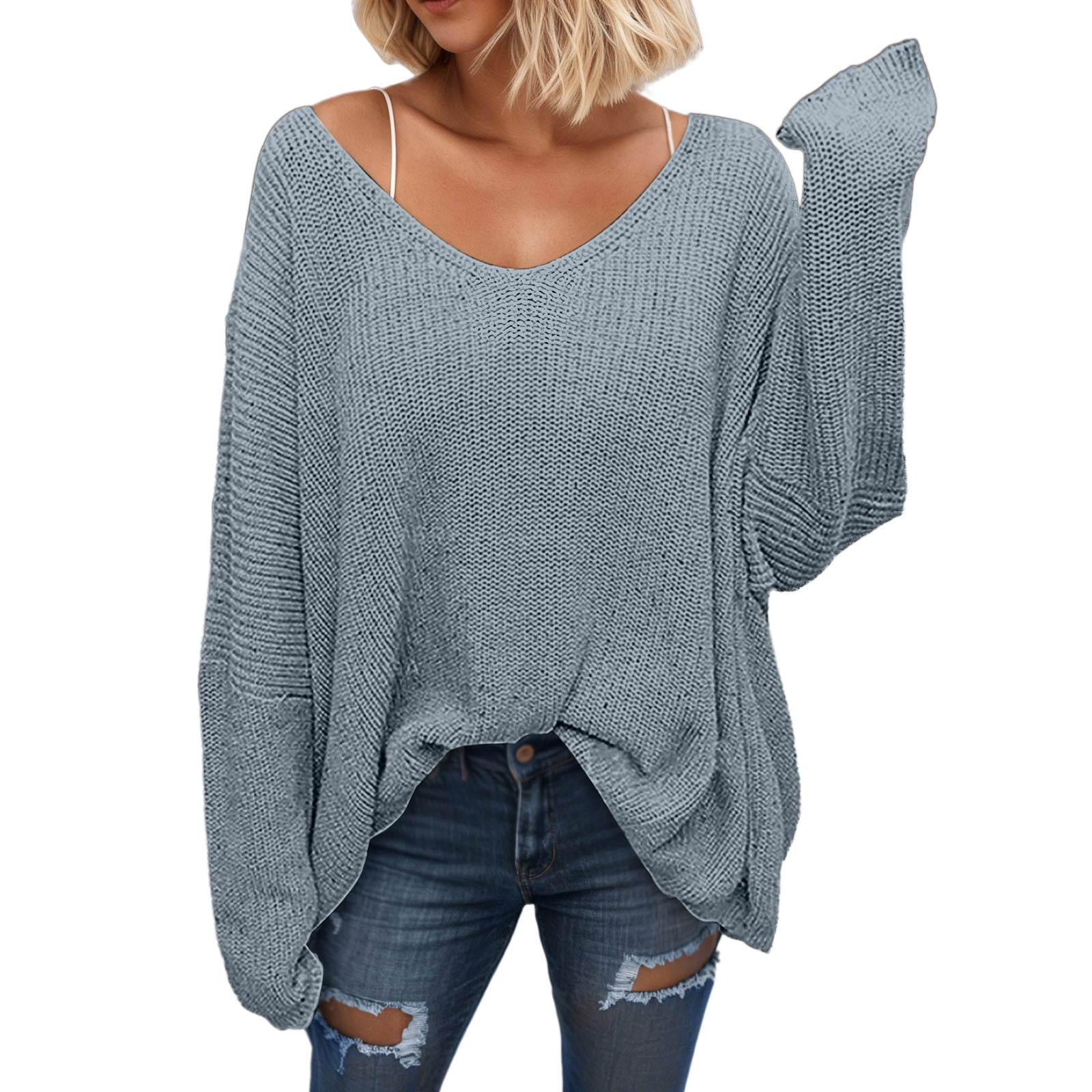 Arlun Women's V-Neck Long Sleeve Knit Sweaters Loose Fit Drop Shoulder ...