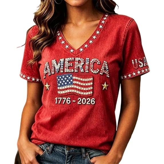 Arlun Women's Vintage Independence Day V-Neck T-Shirts American Flag ...