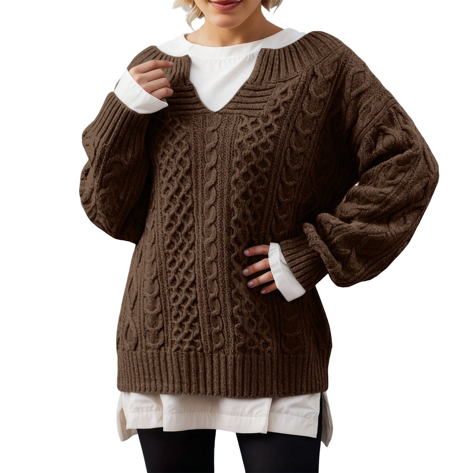 Arlun Women's Winter V-Neck Long Sleeve Loose Cable Knit Sweaters ...