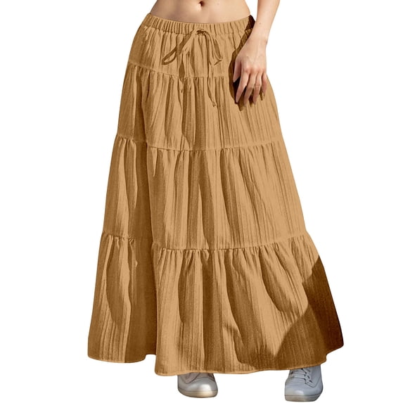 Arlun Womens Boho Maxi Skirts Pure Color Flowy Flared Ruffle Tiered ...