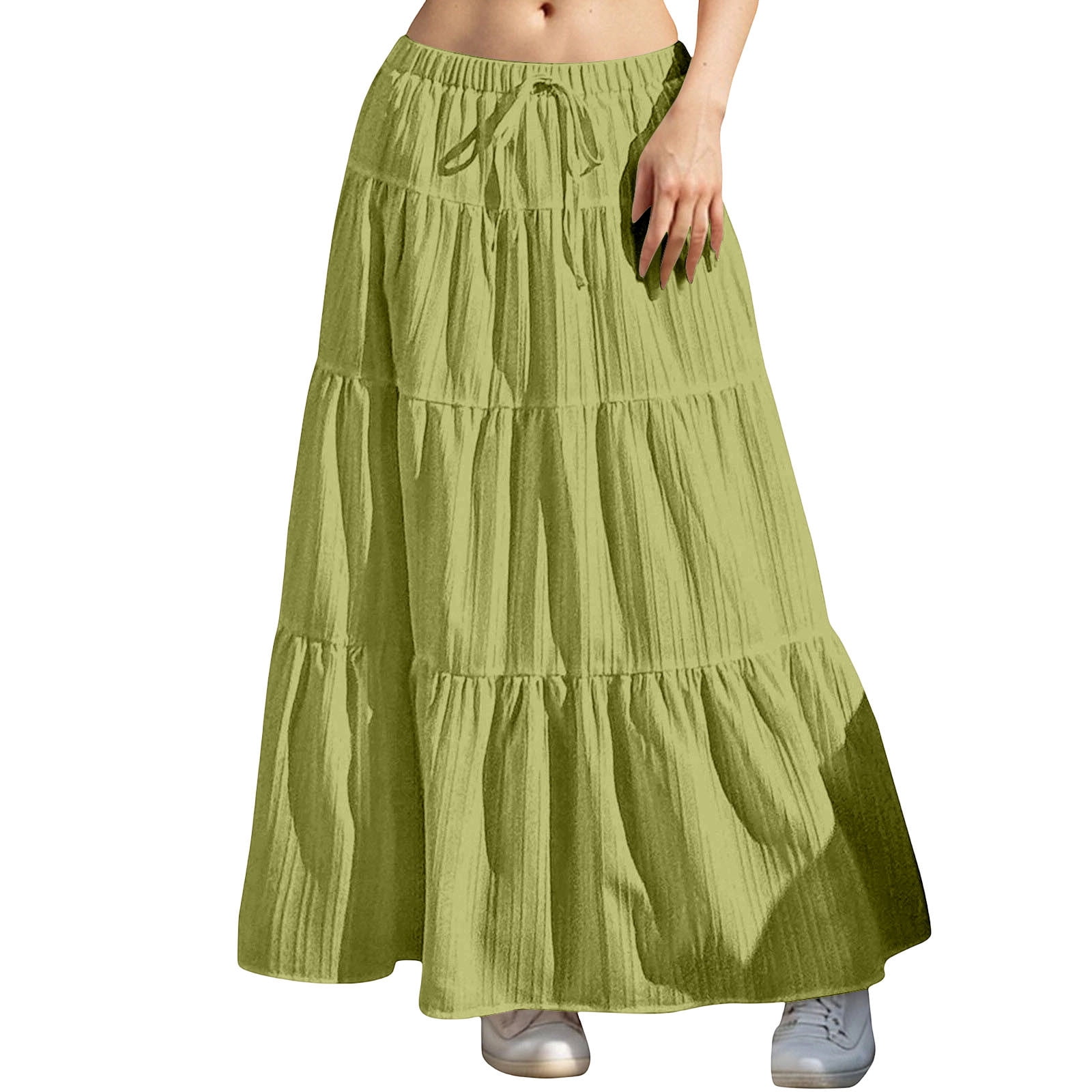 Arlun Womens Boho Maxi Skirts Pure Color Flowy Flared Ruffle Tiered ...