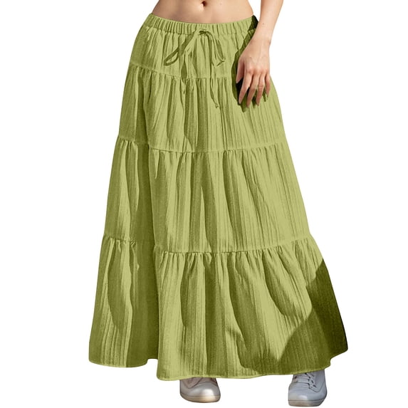 Arlun Womens Boho Maxi Skirts Pure Color Flowy Flared Ruffle Tiered ...