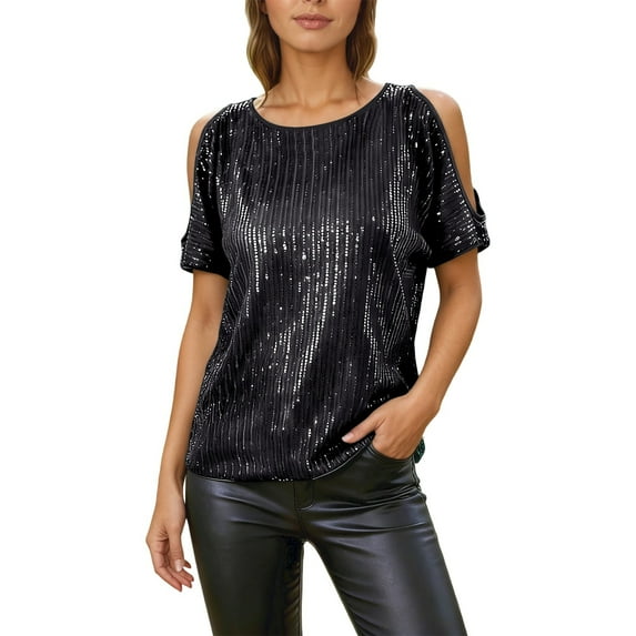 Arlun Womens Carnival Sequin Cold Shoulder Sparkly Tshirts Crewneck ...