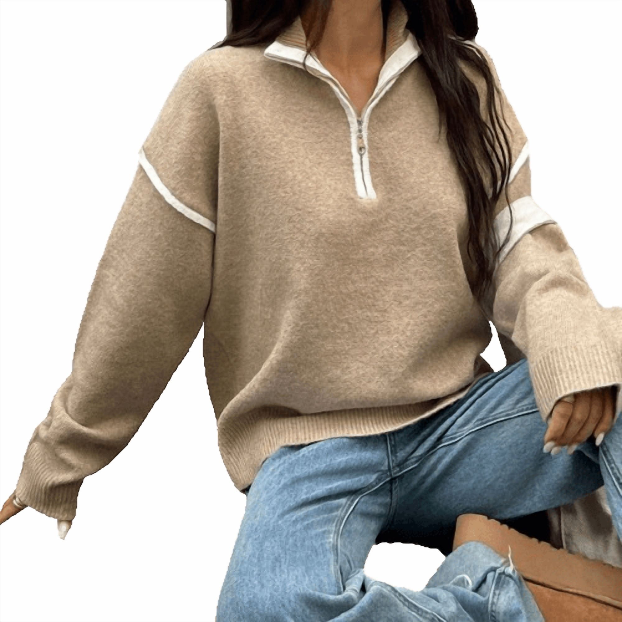 Arlun Womens Half Zip Sweaters Fall Long Sleeve V-Neck Drop Shoulder ...