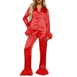 Arlun Womens Pajamas Set 2 Piece Solid Color Feathers Fuzzy Cuffs ...
