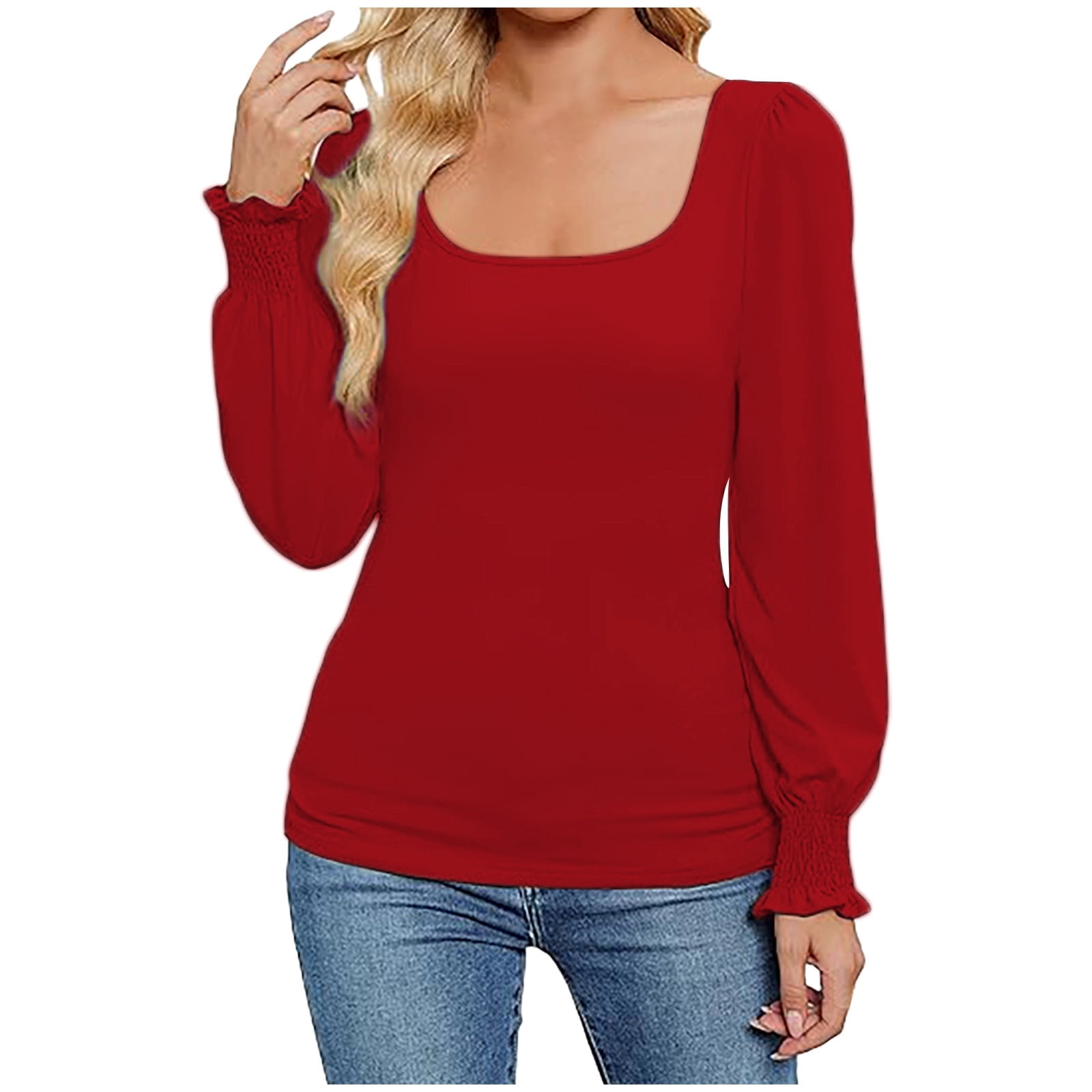 Arlun,Womens Plain Basic T Shirts Crewneck Smocked Striped Fall Casual ...
