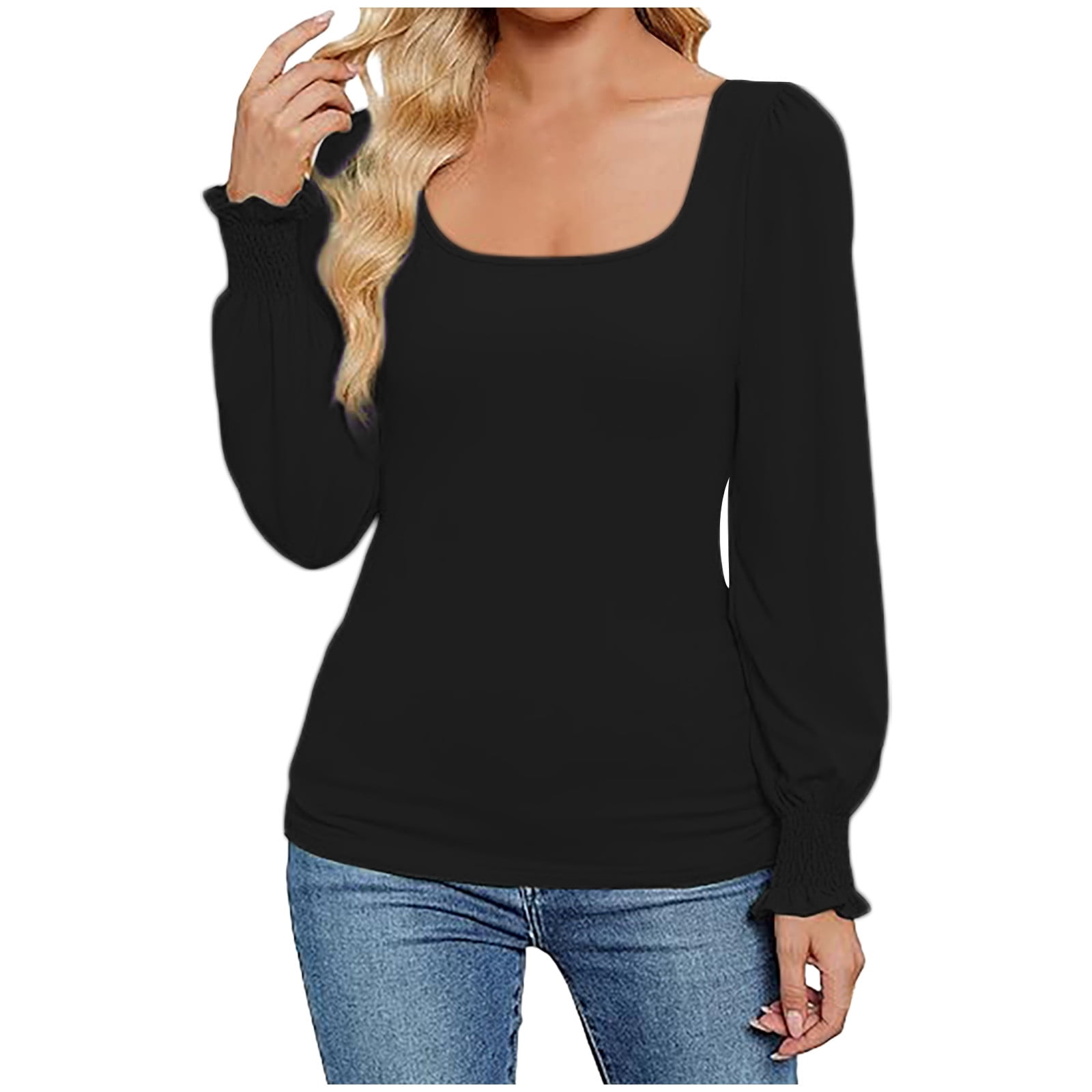 Arlun,Womens Plain Basic T Shirts Crewneck Smocked Striped Fall Casual ...