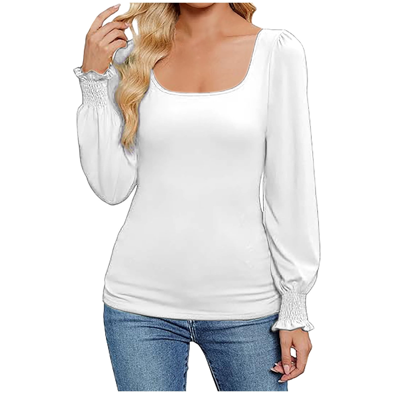 Arlun,Womens Plain Basic T Shirts Crewneck Smocked Striped Fall Casual ...